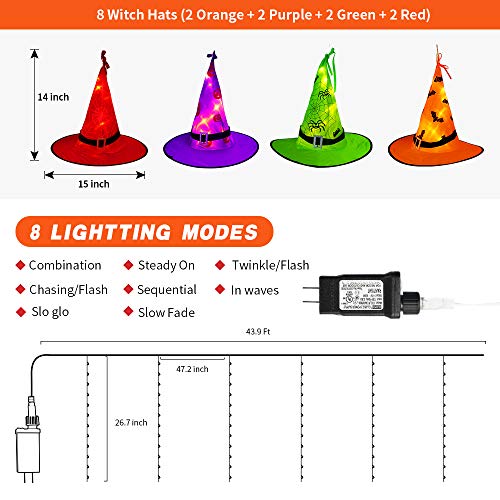 Tcamp Halloween Decorations Outdoor Lighted Witch Hats Lights, 8Pcs Hanging Glowing Witch Hats with 44ft 104LED Halloween Lights String for Indoor, Outdoor, Yard, Tree Decor (8 Lighting Modes