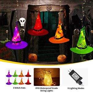 Tcamp Halloween Decorations Outdoor Lighted Witch Hats Lights, 8Pcs Hanging Glowing Witch Hats with 44ft 104LED Halloween Lights String for Indoor, Outdoor, Yard, Tree Decor (8 Lighting Modes