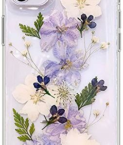 Abbery for iPhone 11 Flower case, Clear Soft TPU Flexible Rubber Pressed Dry Real Flowers Case Blue White Flower Case for iPhone 11 (Navy Flower)