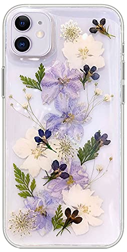 Abbery for iPhone 11 Flower case, Clear Soft TPU Flexible Rubber Pressed Dry Real Flowers Case Blue White Flower Case for iPhone 11 (Navy Flower)