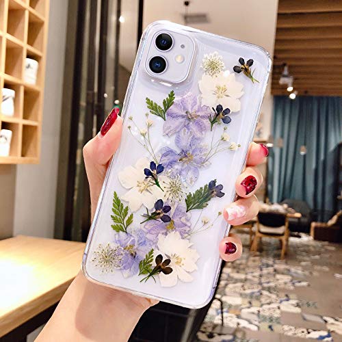 Abbery for iPhone 11 Flower case, Clear Soft TPU Flexible Rubber Pressed Dry Real Flowers Case Blue White Flower Case for iPhone 11 (Navy Flower)