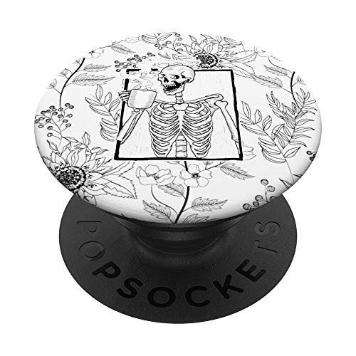 Black White Skeleton Sunflower Pattern Skull drinking Coffee PopSockets PopGrip: Swappable Grip for Phones & Tablets