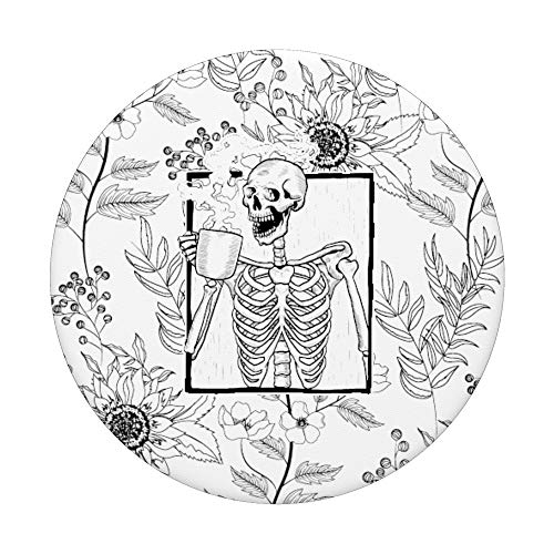 Black White Skeleton Sunflower Pattern Skull drinking Coffee PopSockets PopGrip: Swappable Grip for Phones & Tablets