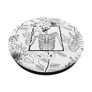 Black White Skeleton Sunflower Pattern Skull drinking Coffee PopSockets PopGrip: Swappable Grip for Phones & Tablets