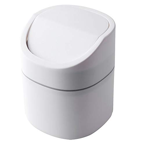 Sheebo Modern Plastic Mini Trash Can with Lid Wastebasket for Bathroom Vanity, Desktop, Tabletop or Coffee Table - Dispose of Cotton Rounds, Makeup Sponges, Tissues; 2 Liter (Square Swing - White)