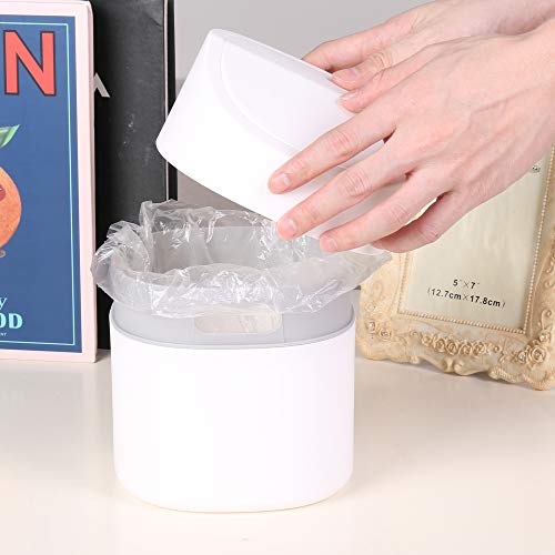 Sheebo Modern Plastic Mini Trash Can with Lid Wastebasket for Bathroom Vanity, Desktop, Tabletop or Coffee Table - Dispose of Cotton Rounds, Makeup Sponges, Tissues; 2 Liter (Square Swing - White)