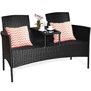 Tangkula Wicker Patio Conversation Furniture Set, Outdoor Furniture Set with Removable Cushions & Table, Tempered Glass Top, Modern Rattan Bench for Garden Lawn Backyard (Red)