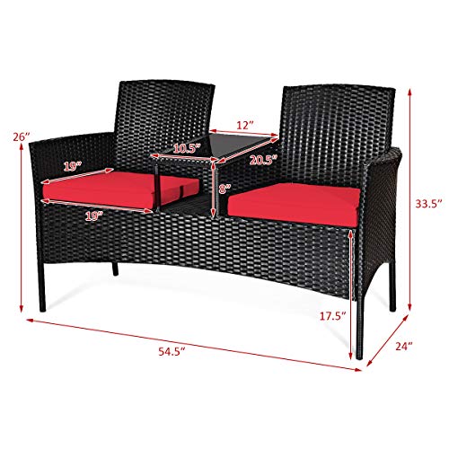 Tangkula Wicker Patio Conversation Furniture Set, Outdoor Furniture Set with Removable Cushions & Table, Tempered Glass Top, Modern Rattan Bench for Garden Lawn Backyard (Red)