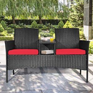 Tangkula Wicker Patio Conversation Furniture Set, Outdoor Furniture Set with Removable Cushions & Table, Tempered Glass Top, Modern Rattan Bench for Garden Lawn Backyard (Red)