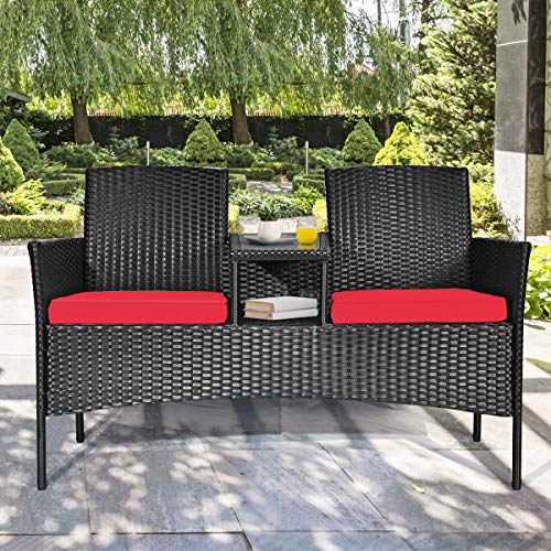 Tangkula Wicker Patio Conversation Furniture Set, Outdoor Furniture Set with Removable Cushions & Table, Tempered Glass Top, Modern Rattan Bench for Garden Lawn Backyard (Red)