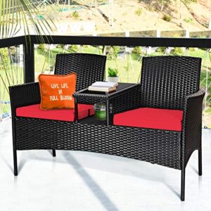 Tangkula Wicker Patio Conversation Furniture Set, Outdoor Furniture Set with Removable Cushions & Table, Tempered Glass Top, Modern Rattan Bench for Garden Lawn Backyard (Red)