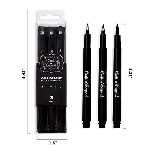 Craft 'n' Beyond Calligraphy Brush Pens Pack of 3 Small, Medium and Large Markers for Hand Lettering, Art Drawing, Sketching, Scrapbooking, Journaling - Beginner Kit with Fadeproof Black Ink