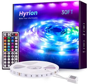 hyrion 30 ft led strip lights, smd 5050 led lights strip with 44 key remote,12 volt dimmable rgb color changing led lights for bedroom,living room,kitchen,home decor(44 key remote+30ft)