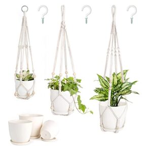 mkono 3 pack macrame plant hangers with pots, 35"/29"/23" indoor different size hanging planter basket flower pot holder with saucers & hooks no tassels (plastic flower pots included), medium, ivory