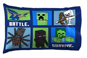 jay franco minecraft explore create battle survive 1 single pillowcase - double-sided kids super soft - bedding features creeper, enderman, zombie, & skeleton