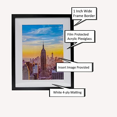 Frame Amo Black 16x24 Picture Frame, 11.5x17.5 White Mat Opening for 12x18 Image, 1 Inch Border, Acrylic Front