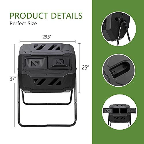 F2C Compost Bin Outdoor Dual Chamber Tumbling Composter 43 Gallon BPA Free Large Tumbler Composters Tumbling or Rotating w/Sliding Doors & Solid Steel Frame Garden Yard Black