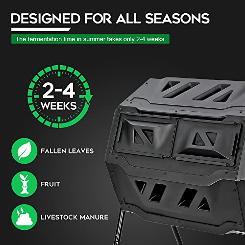 F2C Compost Bin Outdoor Dual Chamber Tumbling Composter 43 Gallon BPA Free Large Tumbler Composters Tumbling or Rotating w/Sliding Doors & Solid Steel Frame Garden Yard Black