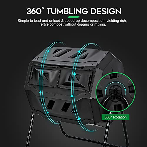 F2C Compost Bin Outdoor Dual Chamber Tumbling Composter 43 Gallon BPA Free Large Tumbler Composters Tumbling or Rotating w/Sliding Doors & Solid Steel Frame Garden Yard Black