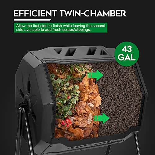 F2C Compost Bin Outdoor Dual Chamber Tumbling Composter 43 Gallon BPA Free Large Tumbler Composters Tumbling or Rotating w/Sliding Doors & Solid Steel Frame Garden Yard Black