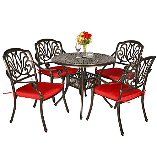 TITIMO 5 Piece All-Weather Cast Aluminum Outdoor Patio Deck Dining Set w/Round Table and 4 Chairs, Red Cushions, Umbrella Hole - Deep Bronze