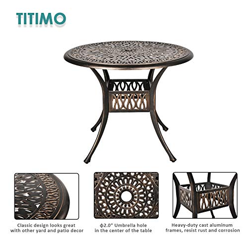 TITIMO 5 Piece All-Weather Cast Aluminum Outdoor Patio Deck Dining Set w/Round Table and 4 Chairs, Red Cushions, Umbrella Hole - Deep Bronze