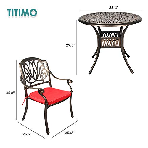 TITIMO 5 Piece All-Weather Cast Aluminum Outdoor Patio Deck Dining Set w/Round Table and 4 Chairs, Red Cushions, Umbrella Hole - Deep Bronze