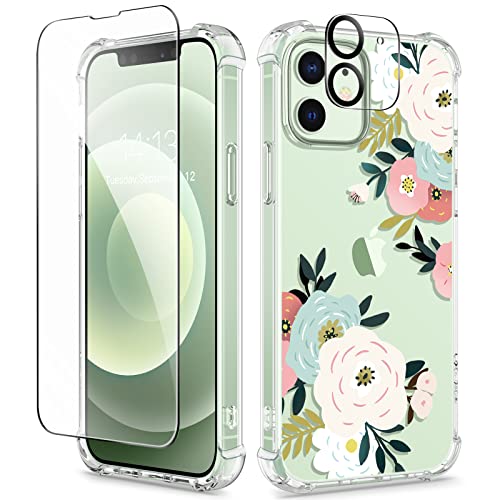 GVIEWIN for iPhone 12 Case and iPhone 12 Pro Case with Screen Protector + Camera Lens Protector, Clear Floral Flexible TPU Shockproof Women Girls Flower Pattern Phone Case 6.1"(Abundant Blossom/White)