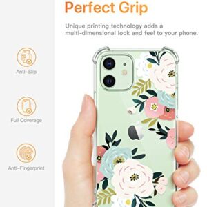 GVIEWIN for iPhone 12 Case and iPhone 12 Pro Case with Screen Protector + Camera Lens Protector, Clear Floral Flexible TPU Shockproof Women Girls Flower Pattern Phone Case 6.1"(Abundant Blossom/White)