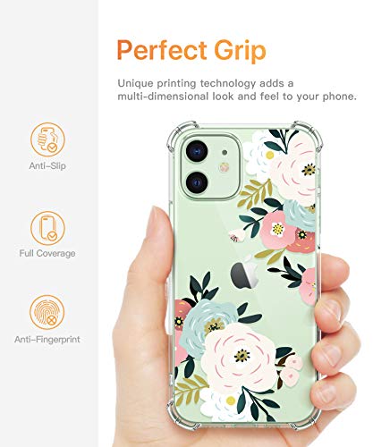 GVIEWIN for iPhone 12 Case and iPhone 12 Pro Case with Screen Protector + Camera Lens Protector, Clear Floral Flexible TPU Shockproof Women Girls Flower Pattern Phone Case 6.1"(Abundant Blossom/White)