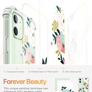 GVIEWIN for iPhone 12 Case and iPhone 12 Pro Case with Screen Protector + Camera Lens Protector, Clear Floral Flexible TPU Shockproof Women Girls Flower Pattern Phone Case 6.1"(Abundant Blossom/White)