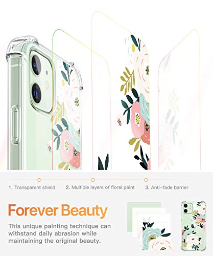 GVIEWIN for iPhone 12 Case and iPhone 12 Pro Case with Screen Protector + Camera Lens Protector, Clear Floral Flexible TPU Shockproof Women Girls Flower Pattern Phone Case 6.1"(Abundant Blossom/White)