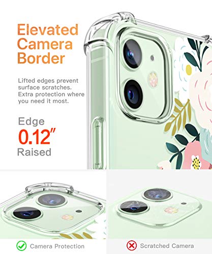 GVIEWIN for iPhone 12 Case and iPhone 12 Pro Case with Screen Protector + Camera Lens Protector, Clear Floral Flexible TPU Shockproof Women Girls Flower Pattern Phone Case 6.1"(Abundant Blossom/White)