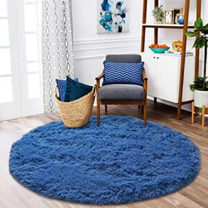 iseau fluffy round rug carpets, modern shaggy circle rug for kids bedroom extra comfy cute nursery rug small circular carpet for boys girls room home decor area rug, 4ft rugs, light navy