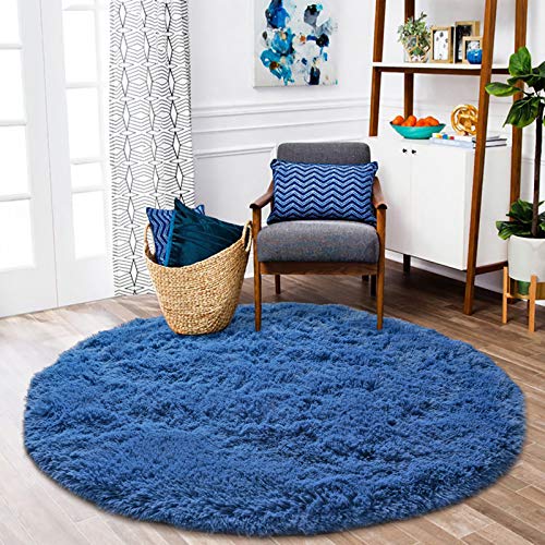 ISEAU Fluffy Round Rug Carpets, Modern Shaggy Circle Rug for Kids Bedroom Extra Comfy Cute Nursery Rug Small Circular Carpet for Boys Girls Room Home Decor Area Rug, 4ft Rugs, Light Navy