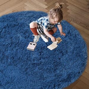 ISEAU Fluffy Round Rug Carpets, Modern Shaggy Circle Rug for Kids Bedroom Extra Comfy Cute Nursery Rug Small Circular Carpet for Boys Girls Room Home Decor Area Rug, 4ft Rugs, Light Navy