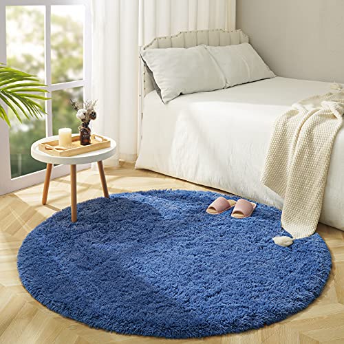 ISEAU Fluffy Round Rug Carpets, Modern Shaggy Circle Rug for Kids Bedroom Extra Comfy Cute Nursery Rug Small Circular Carpet for Boys Girls Room Home Decor Area Rug, 4ft Rugs, Light Navy