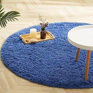 ISEAU Fluffy Round Rug Carpets, Modern Shaggy Circle Rug for Kids Bedroom Extra Comfy Cute Nursery Rug Small Circular Carpet for Boys Girls Room Home Decor Area Rug, 4ft Rugs, Light Navy