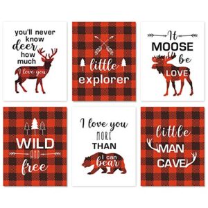 hlniuc woodland animals buffalo plaid nursery wall art,red&black forest deer art print,set of 6 (8”x10”,unframed) inspirational kids room canvas poster,little man cave decor for boy bedroom,playroom