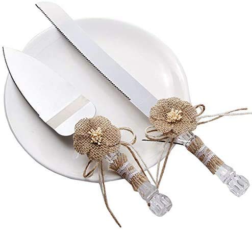 TANG SONG Set of 2 Rustic Wedding Cake Knife and Serving Set with Burlap Flower and Lace Wedding Cake Knife (Set of 2)