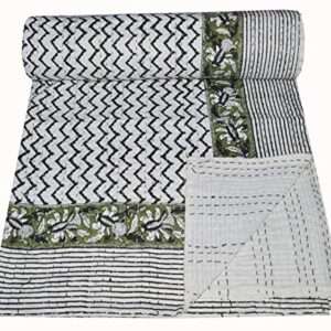 MAVISS HOMES Indian Hand Block Printed Queen Kantha Quilt | Pure Cotton Vintage Kantha Throw Blanket |Traditional Print | Super Soft Cozy Vibe Blanket; White