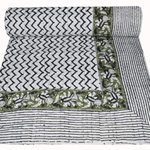 MAVISS HOMES Indian Hand Block Printed Queen Kantha Quilt | Pure Cotton Vintage Kantha Throw Blanket |Traditional Print | Super Soft Cozy Vibe Blanket; White