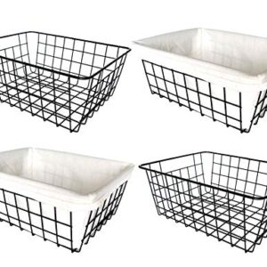 Wire Storage Baskets, 4 Pack Metal Household Organizer with 2 Pcs Fabric Liners, Refrigerator Bin with handles, for Pantry, Shelf, Freezer, Kitchen Cabinet, Bathroom, Countertop, Closets (Black)