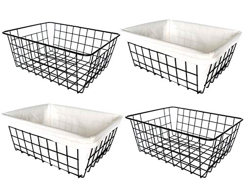 Wire Storage Baskets, 4 Pack Metal Household Organizer with 2 Pcs Fabric Liners, Refrigerator Bin with handles, for Pantry, Shelf, Freezer, Kitchen Cabinet, Bathroom, Countertop, Closets (Black)