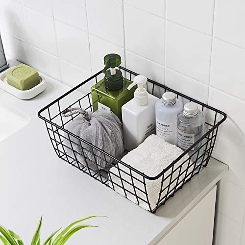 Wire Storage Baskets, 4 Pack Metal Household Organizer with 2 Pcs Fabric Liners, Refrigerator Bin with handles, for Pantry, Shelf, Freezer, Kitchen Cabinet, Bathroom, Countertop, Closets (Black)