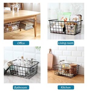 Wire Storage Baskets, 4 Pack Metal Household Organizer with 2 Pcs Fabric Liners, Refrigerator Bin with handles, for Pantry, Shelf, Freezer, Kitchen Cabinet, Bathroom, Countertop, Closets (Black)