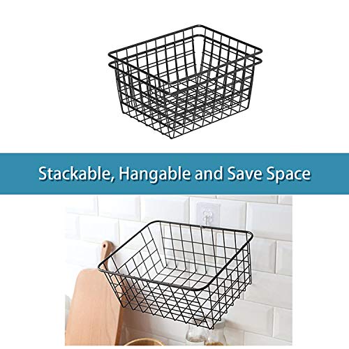 Wire Storage Baskets, 4 Pack Metal Household Organizer with 2 Pcs Fabric Liners, Refrigerator Bin with handles, for Pantry, Shelf, Freezer, Kitchen Cabinet, Bathroom, Countertop, Closets (Black)