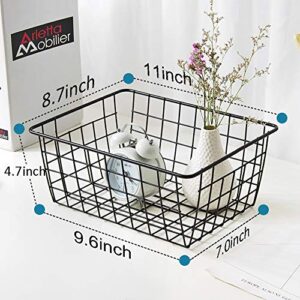 Wire Storage Baskets, 4 Pack Metal Household Organizer with 2 Pcs Fabric Liners, Refrigerator Bin with handles, for Pantry, Shelf, Freezer, Kitchen Cabinet, Bathroom, Countertop, Closets (Black)