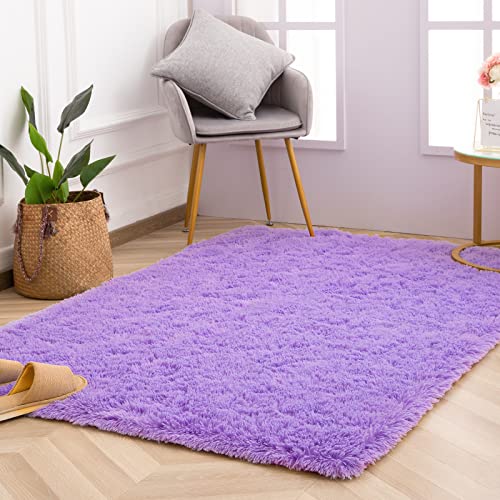 Terrug Super Soft Shaggy Fluffy Rugs for Kids Room, Home Decor Area Rugs 4x6 Feet for Bedroom, Cute Plush Rugs for Girls Bedroom Dorm, Non-Slip Carpet for Living Room (4X6 Feet, Purple)