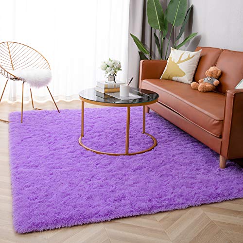 Terrug Super Soft Shaggy Fluffy Rugs for Kids Room, Home Decor Area Rugs 4x6 Feet for Bedroom, Cute Plush Rugs for Girls Bedroom Dorm, Non-Slip Carpet for Living Room (4X6 Feet, Purple)